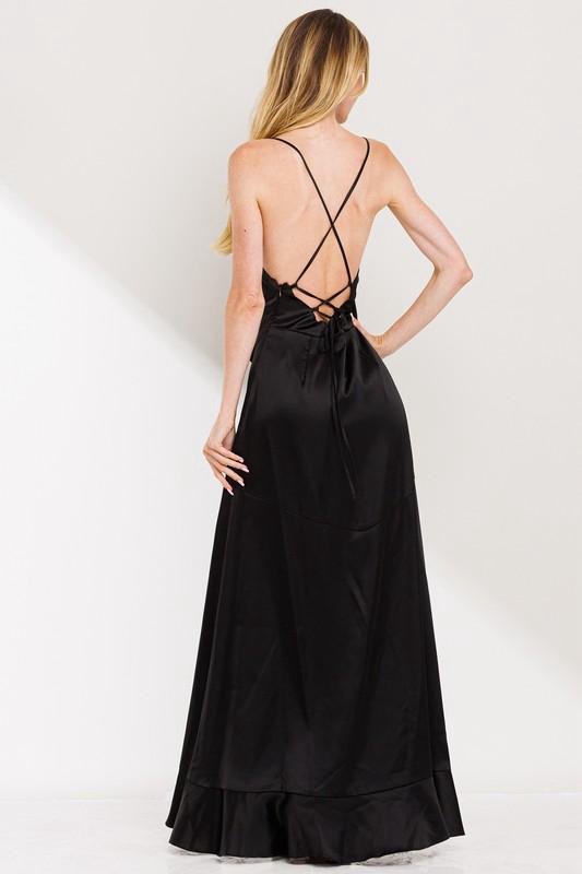 Long black drees stain ruffle adjustable back – MODALIER